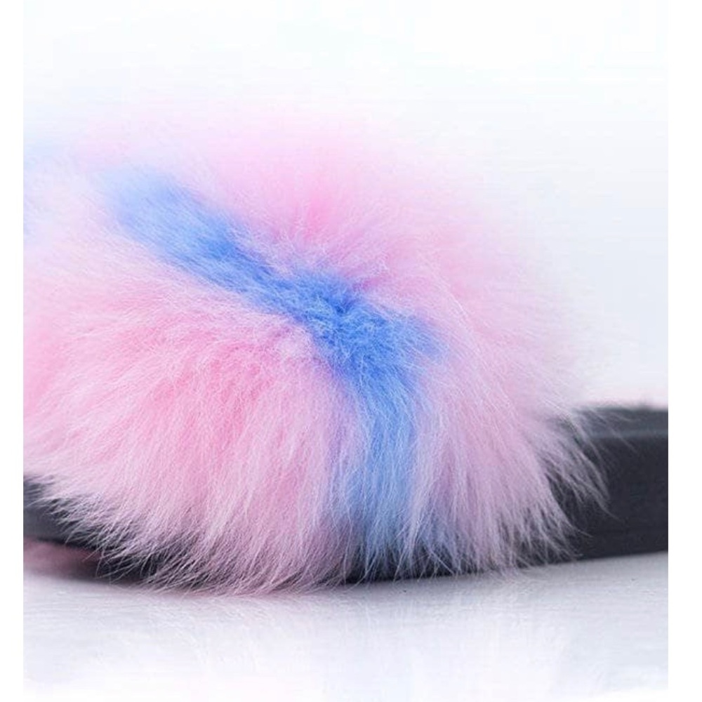 Pink Faux Fur Slides With Blue Stripe,Fluffy Slides,R… - Gem